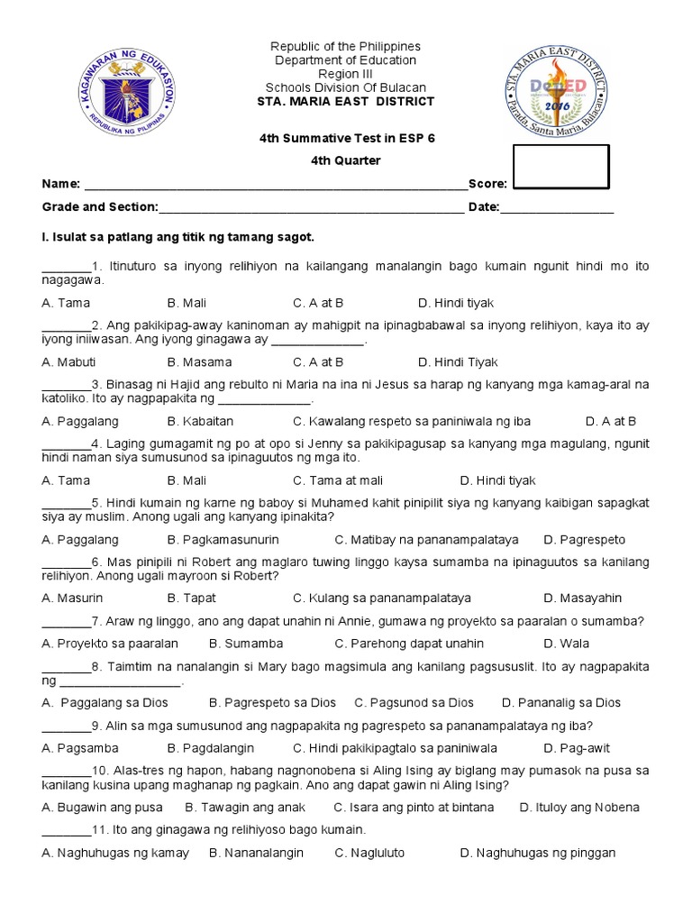 ESP 4th Summative Test | PDF