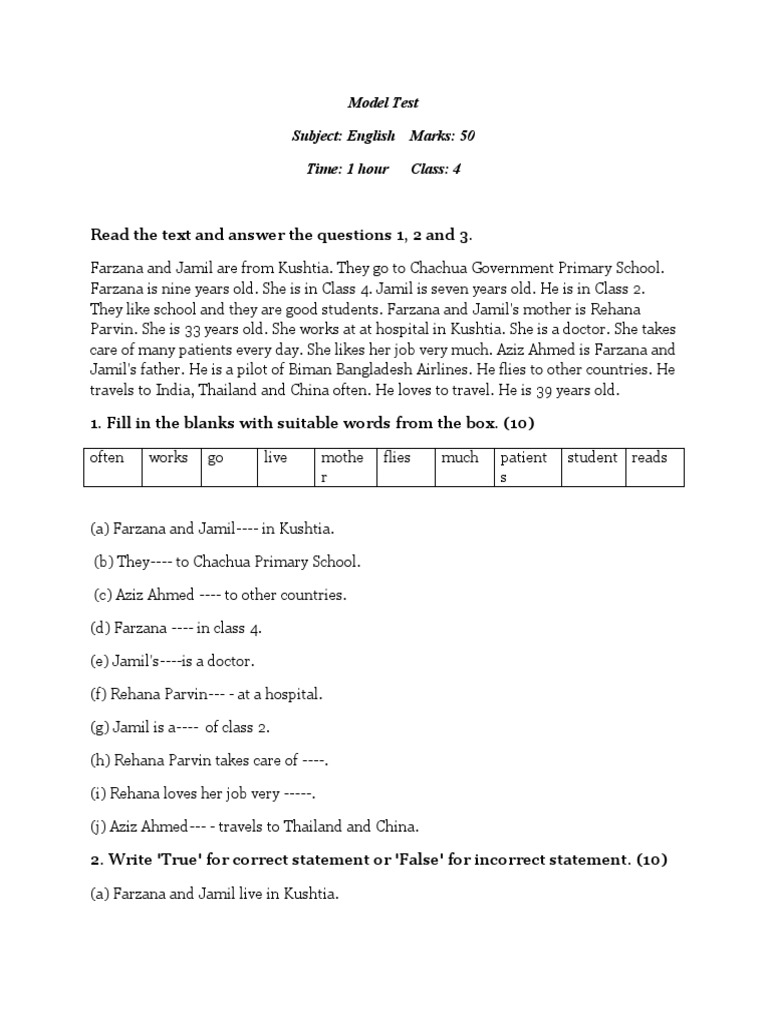 Read The Text and Answer The Questions 1, 2 and 3.: Model Test Subject ...
