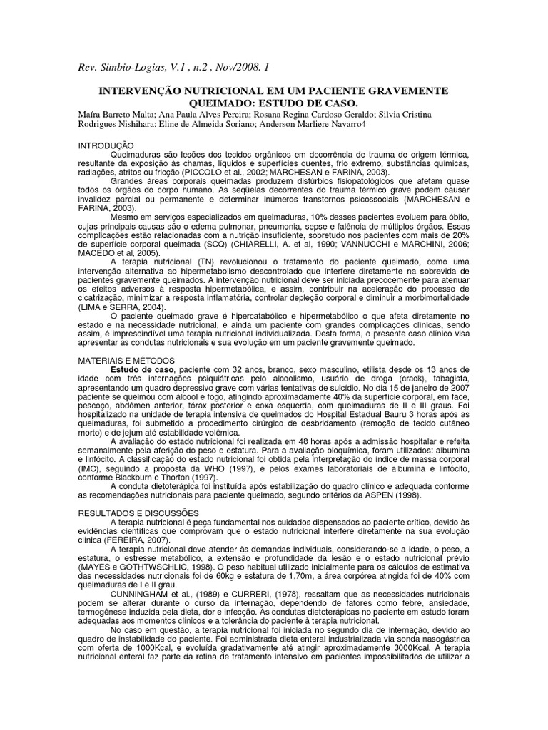 Artigo Sobre Estudo de Caso Clínico Queimado - Aplicação Da Fórmula de ...