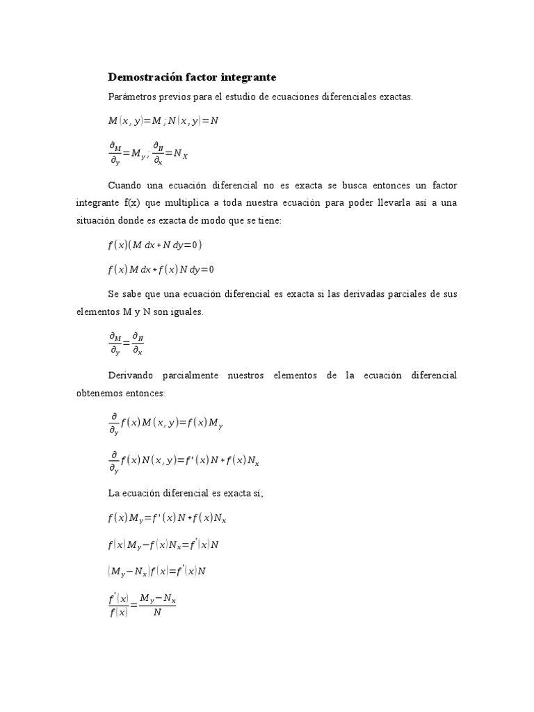EDO EXPOSICION Demostración Factor Integrante | PDF | Ecuación diferencial parcial | Ecuaciones