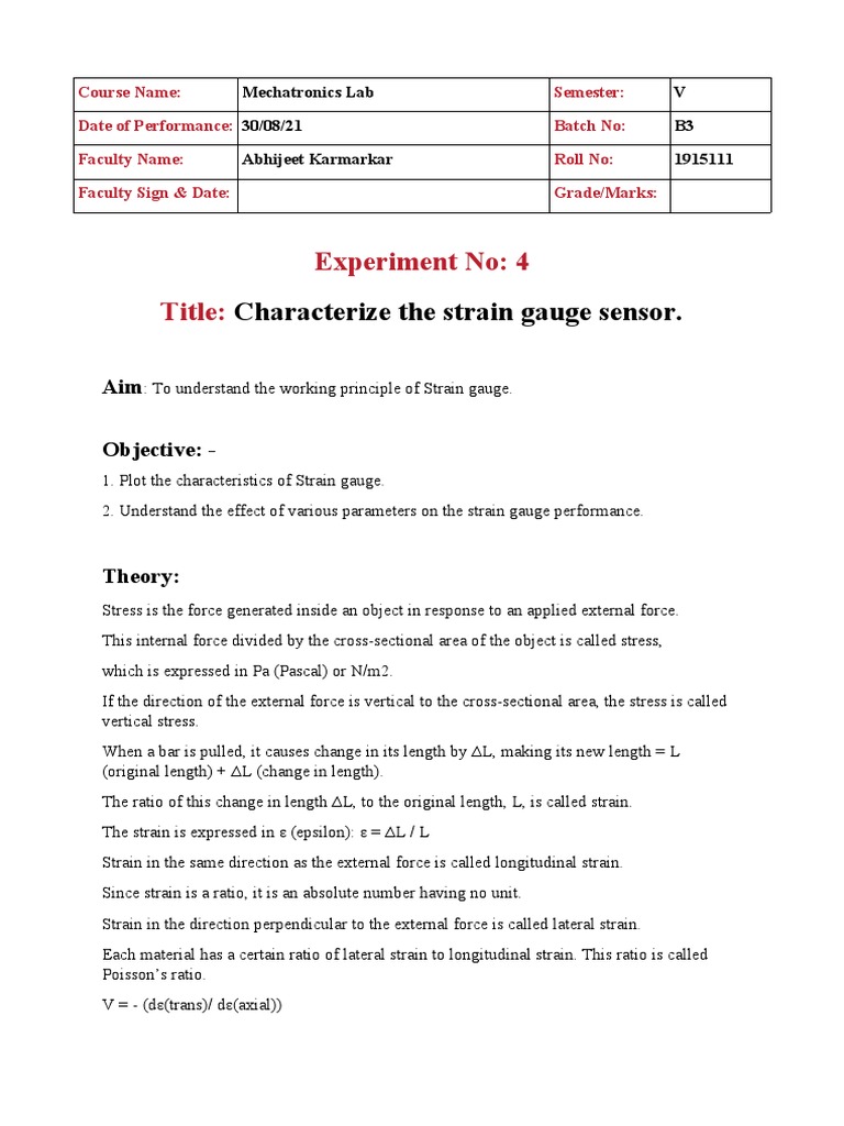 Experiment No: 4 Title:: Characterize The Strain Gauge Sensor | PDF ...