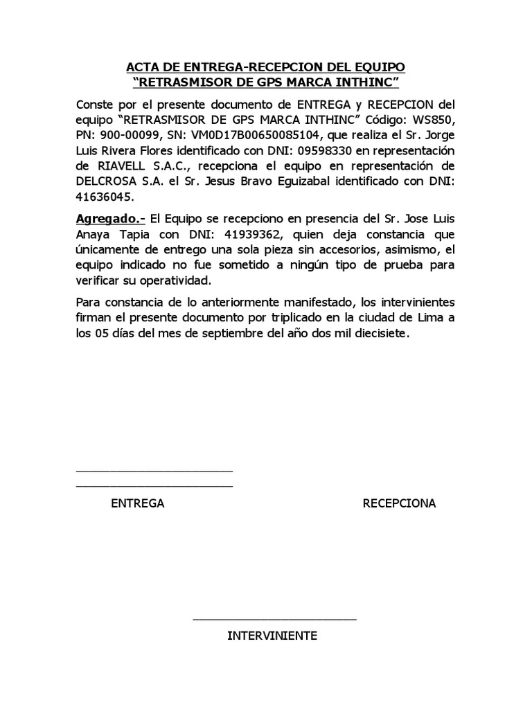 Acta de Entrega del Equipo Inthinc | PDF | Negocios