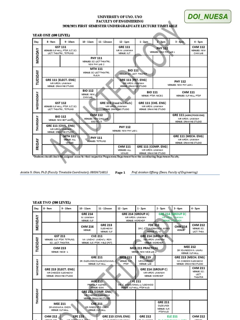 Adjusted - 2020-2021 First Semester Timetable | PDF | Academic Degree