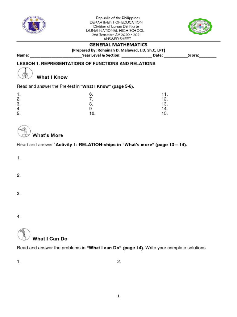 Answer Sheet Gen. Math m1 | PDF | Mathematics