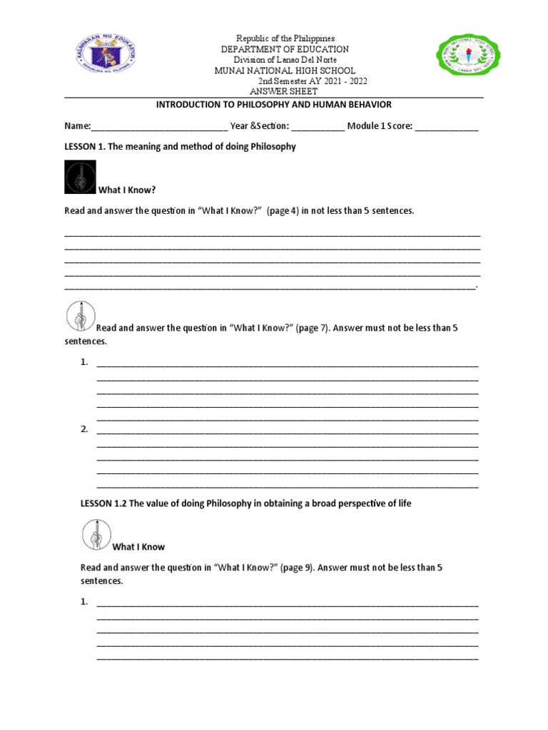 Answer Sheet - Intro To Philosophy | PDF | Cognition | Psychology