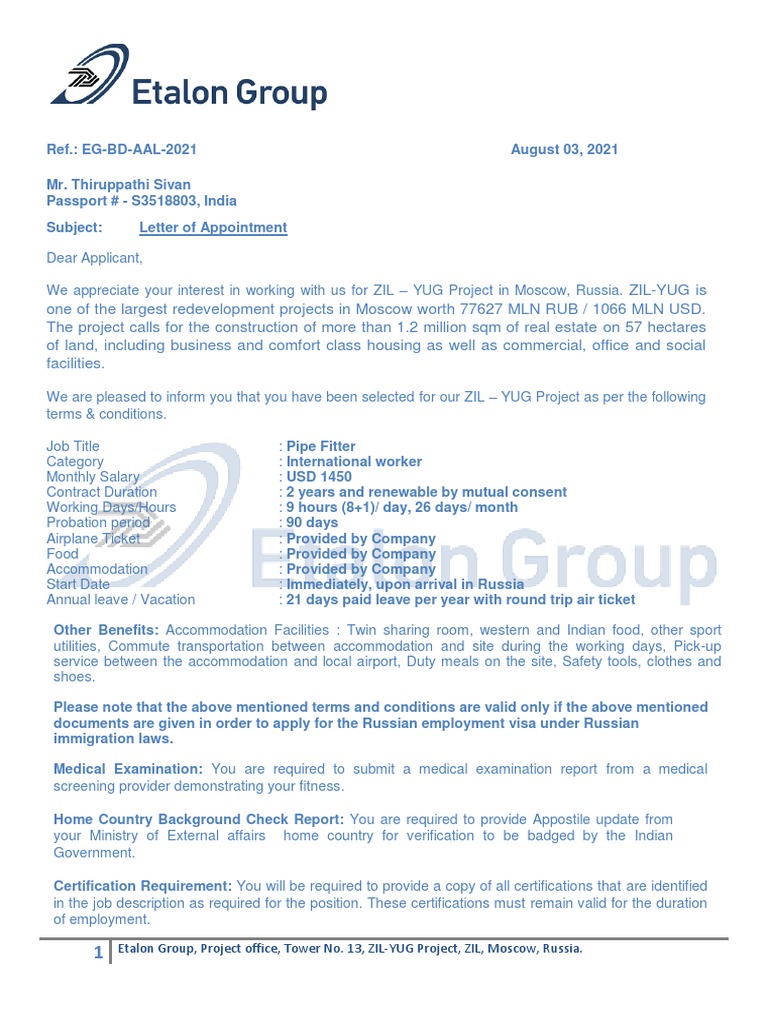 Etalon Group Job Offer for Pipe Fitter | PDF | Employment | Insurance