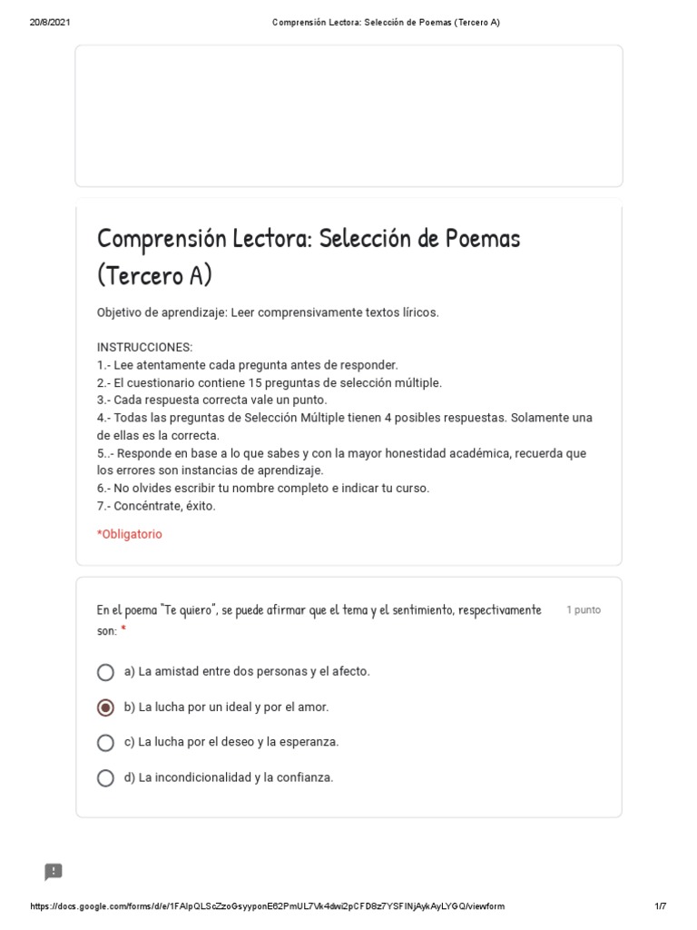 Comprensión Lectora - Selección de Poemas (Tercero A) | PDF | Amor ...