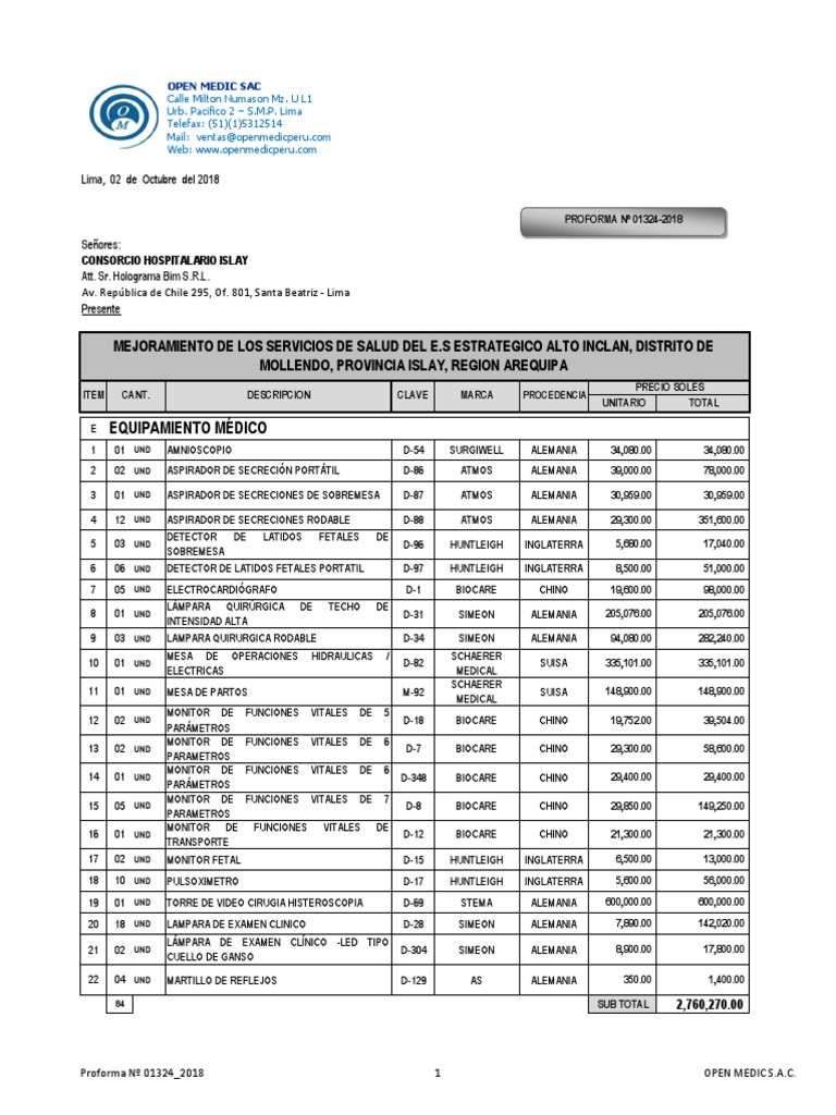 Proforma # - 01324 - 2018 - EQUIPOS PROYECTO HOSPITAL ISLAY | PDF
