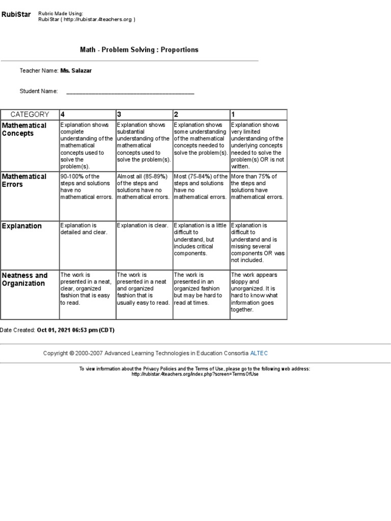 Your Rubric Math - Problem Solving Proportions | PDF | Mathematics | Learning