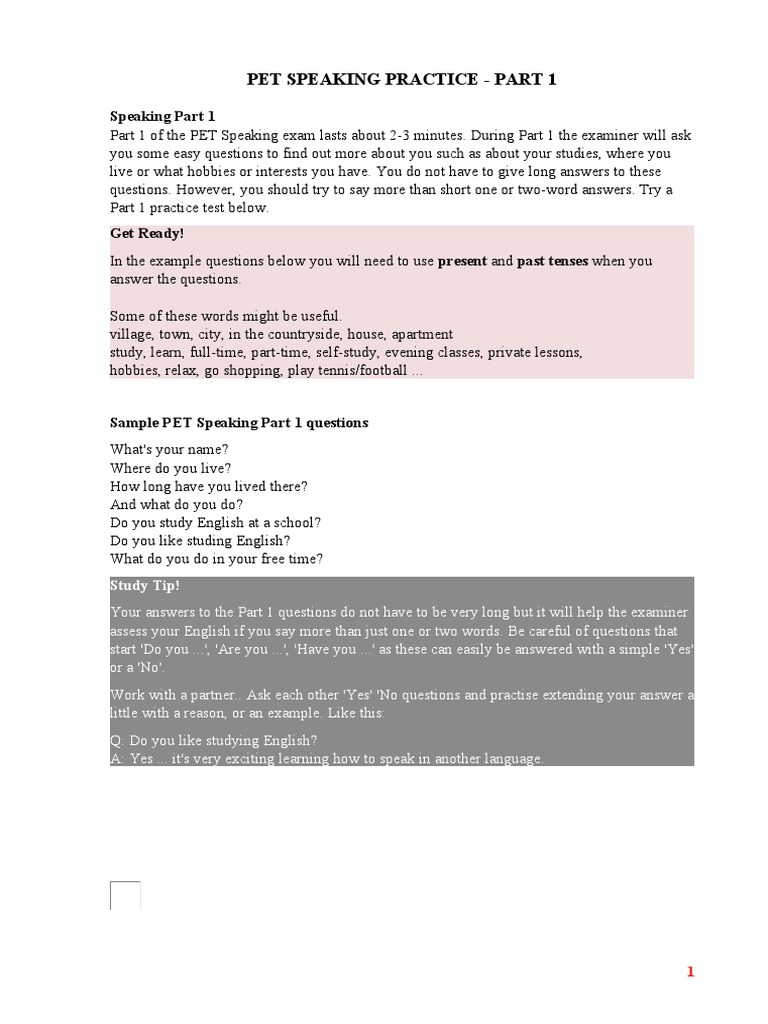 PET Speaking Part 1 | PDF