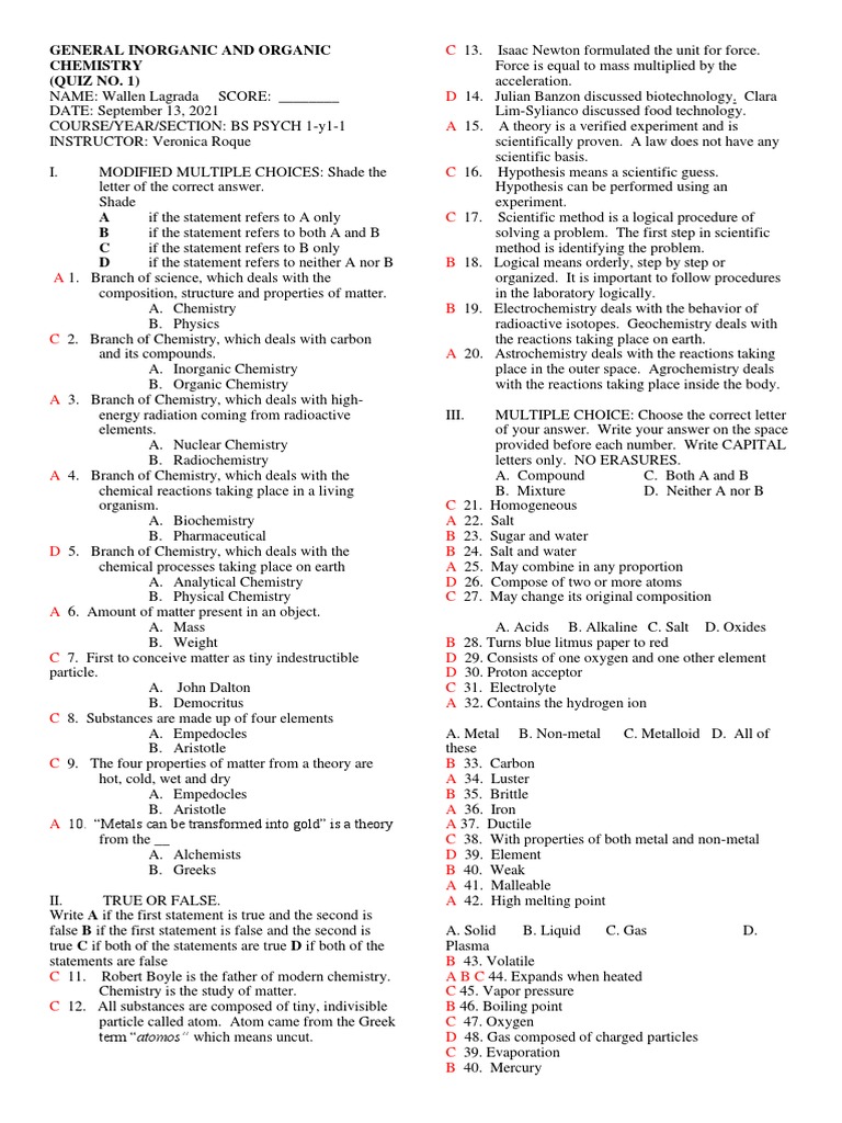 General Inorganic and Organic Chemistry (QUIZ NO. 1) | PDF | Chemistry ...