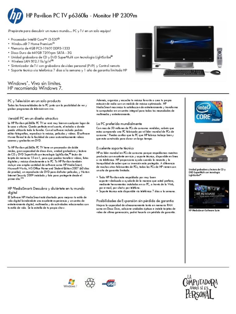 HP Pavilion PC TV P6360la - Monitor HP 2309m: PC y Televisión en Un ...