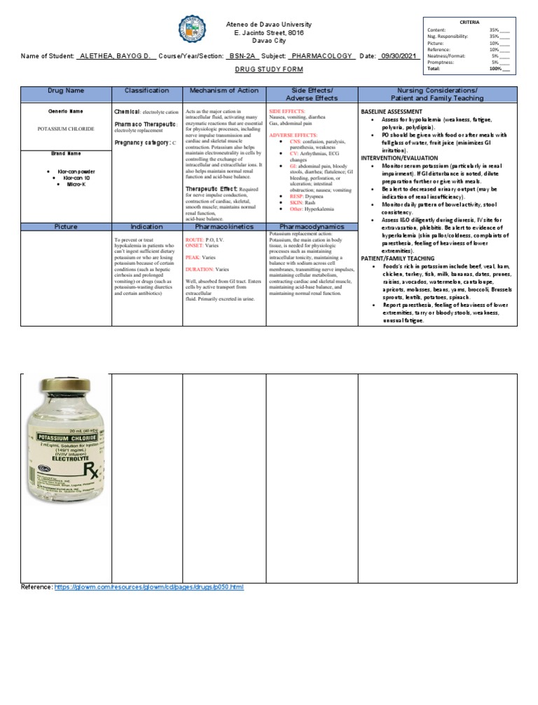 Potassium Chloride Drug Study | PDF | Potassium | Chemistry