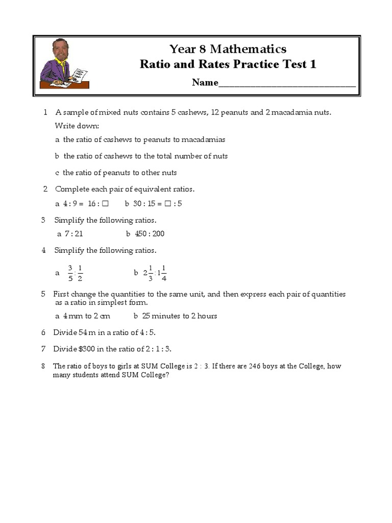 Year 8 Mathematics Ratio and Rates Practice Test 1: Name | PDF