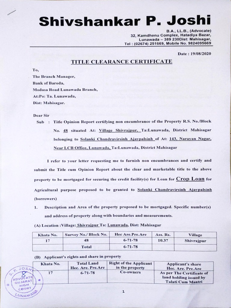 Title Clearance Certificate For Land | PDF