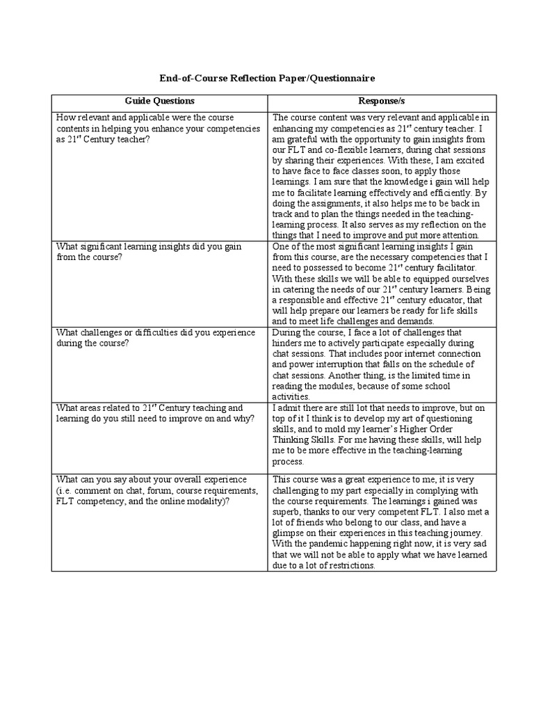 End of Course Reflection Paper | PDF | Learning | Teachers