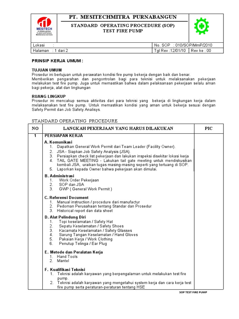 SOP Test Fire Pump | PDF