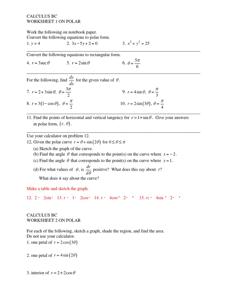 Calculus BC Worksheets Covering Polar Coordinate Graphs, Equations ...