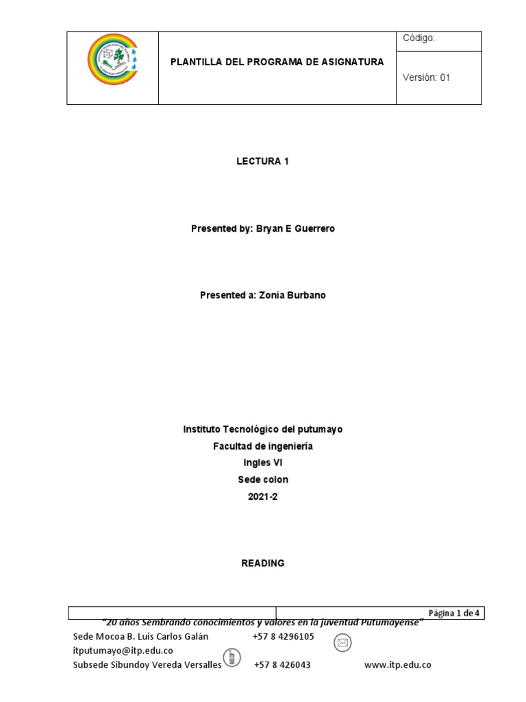 Plantilla Del Programa de Asignatura: "20 Años Sembrando Conocimientos y Valores en La Juventud ...