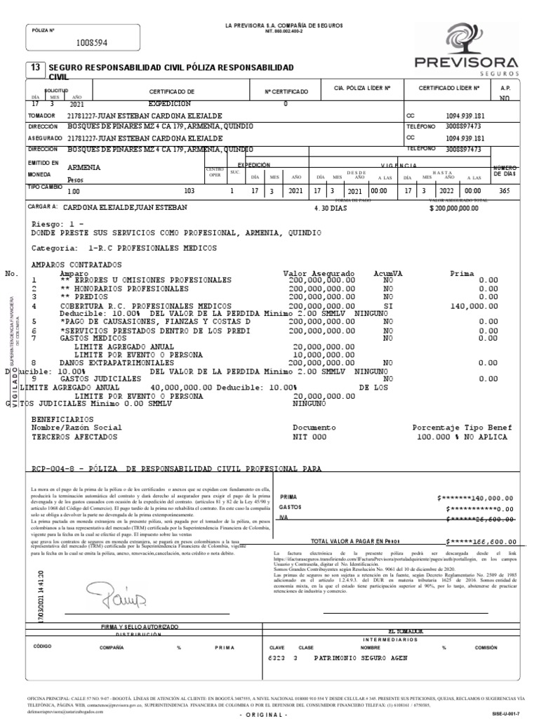 Póliza de Responsabilidad Civil Profesional | PDF | Póliza de seguros | Seguro