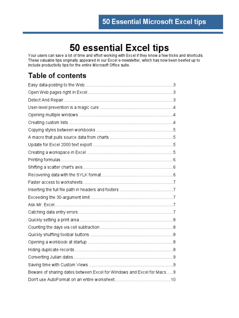 50 Essential Excel Tips | PDF | Microsoft Excel | Visual Basic For ... 50 Essential Excel Tips | PDF | Microsoft Excel | Visual Basic For ...