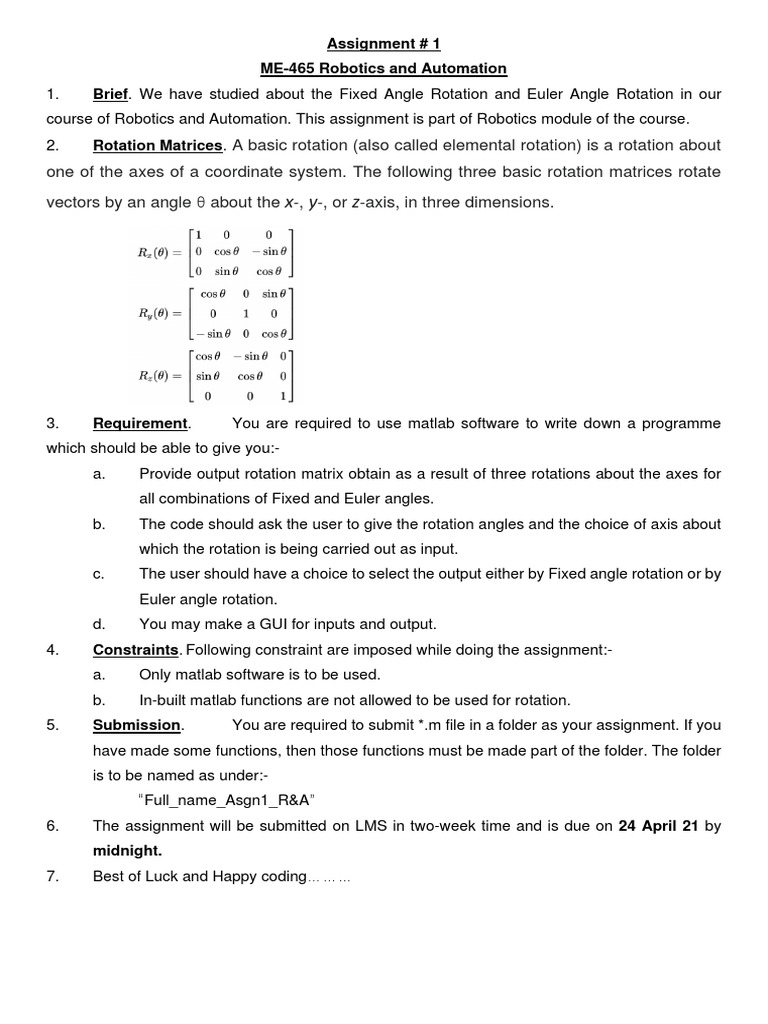 Assignment#1 - ME-465 Robotics and Automation | PDF