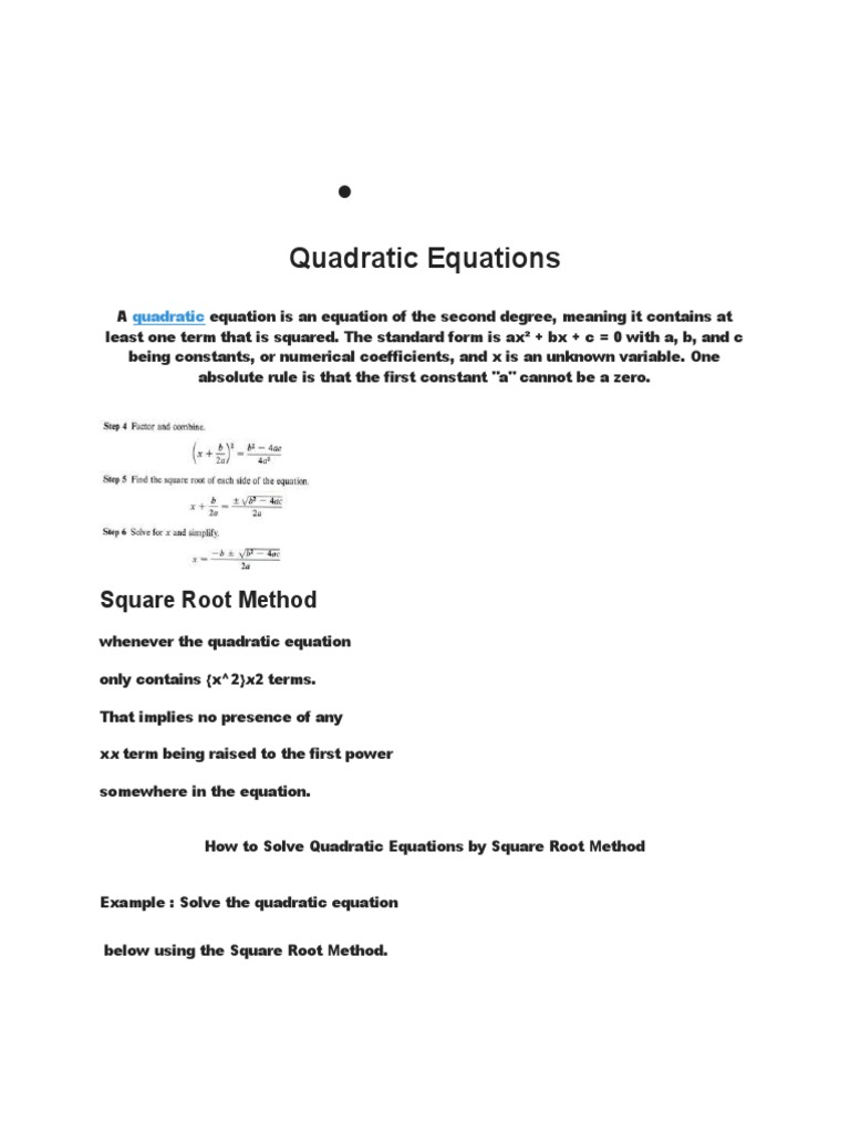 Quadratic Equations: Square Root Method | PDF | Quadratic Equation ...