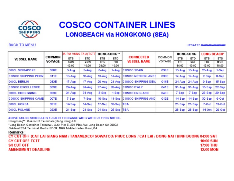 Cosco Container Lines: Longbeach Via Hongkong (Sea) | PDF | Ships Of ...