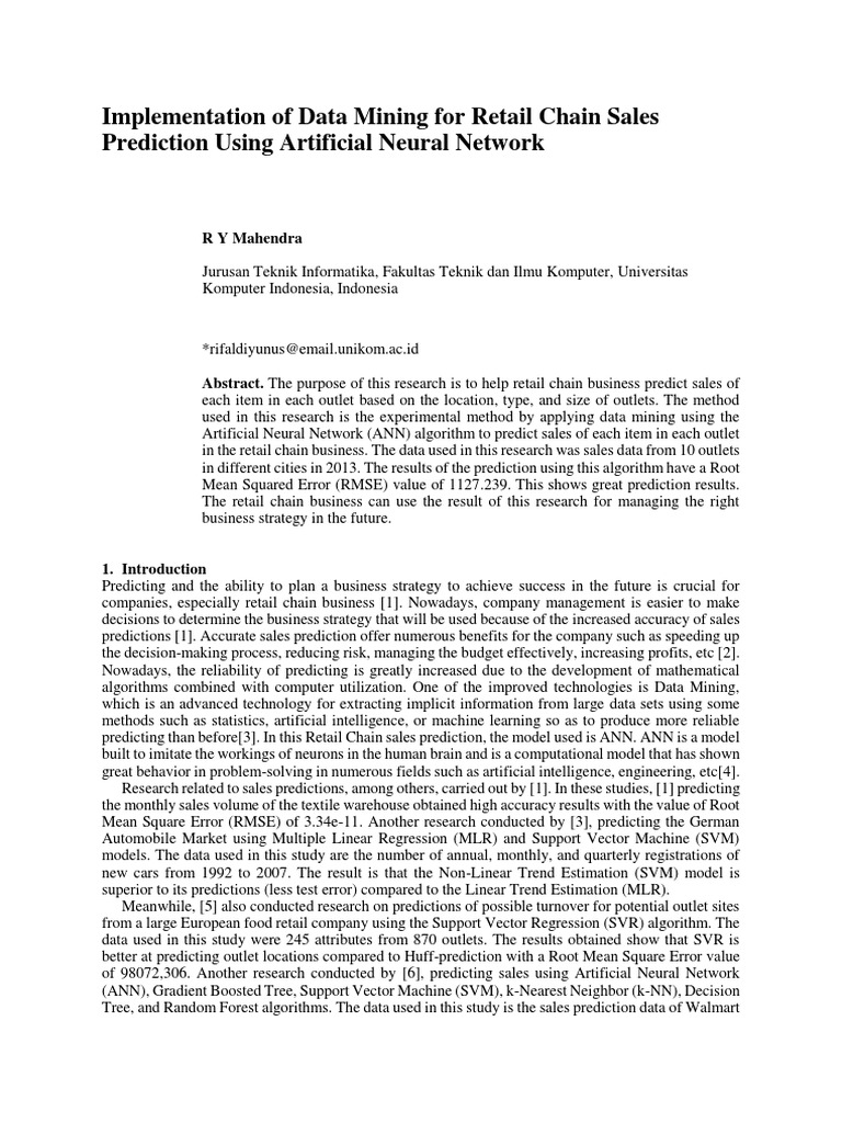 Implementation of Data Mining For Retail Chain Sales Prediction Using Artificial Neural Network ...