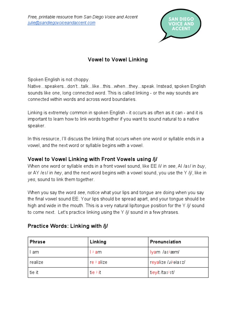Vowel To Vowel Linking Free Printable Resource | PDF | Vowel | English ...