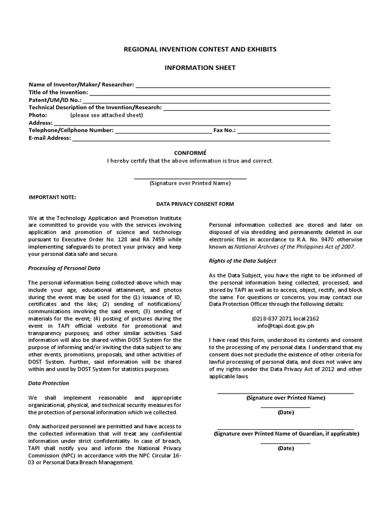 RICE - Information Sheet and Data Privacy Consent Form | PDF ...