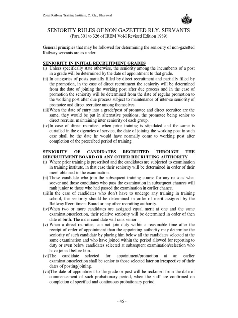 Seniority Rules of Non Gazetted Rly. Servants: Seniority in Initial ...