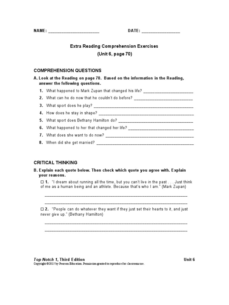 Extra Reading Comprehension (Unit 6, Page 70) Exercises: Top Notch 1 ...