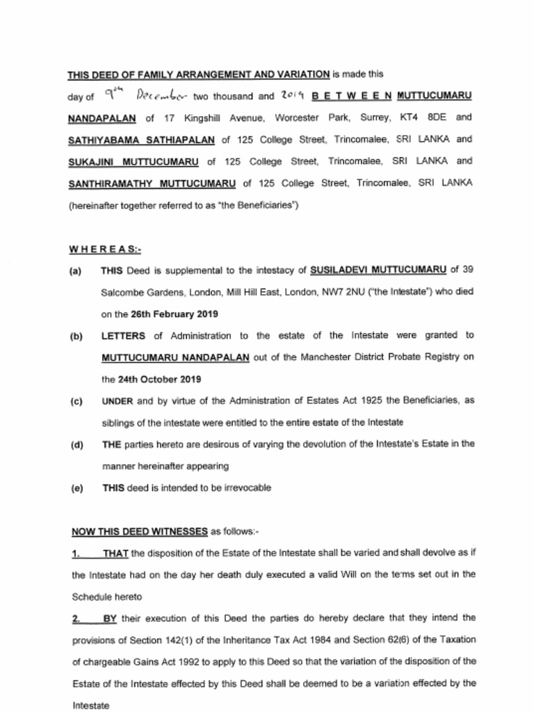 Signed and Executed Deed of Variation | PDF