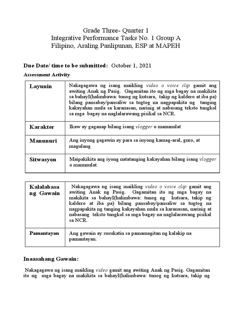 Grade 3 Q1 Performance No. 1 Group A FILIPINO AP ESP MAPEH | PDF