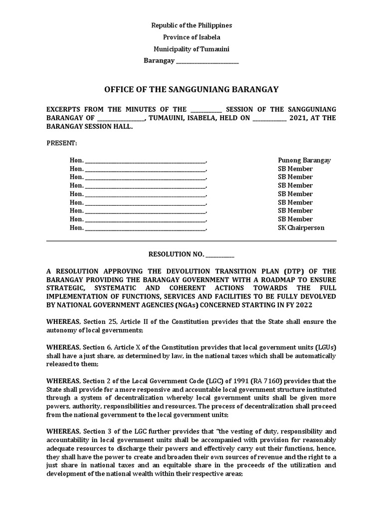 Resolution Approving The Barangay Devolution Transition Plan | PDF ...