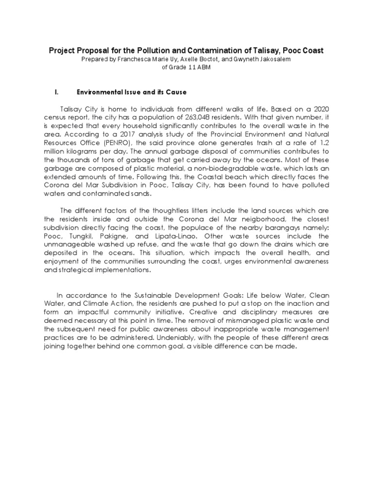 Project Proposal For The Pollution and Contamination of Talisay, Pooc ...