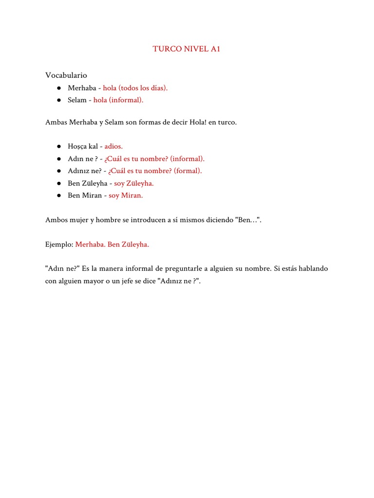 Vocabulario Básico en Turco A1 | PDF