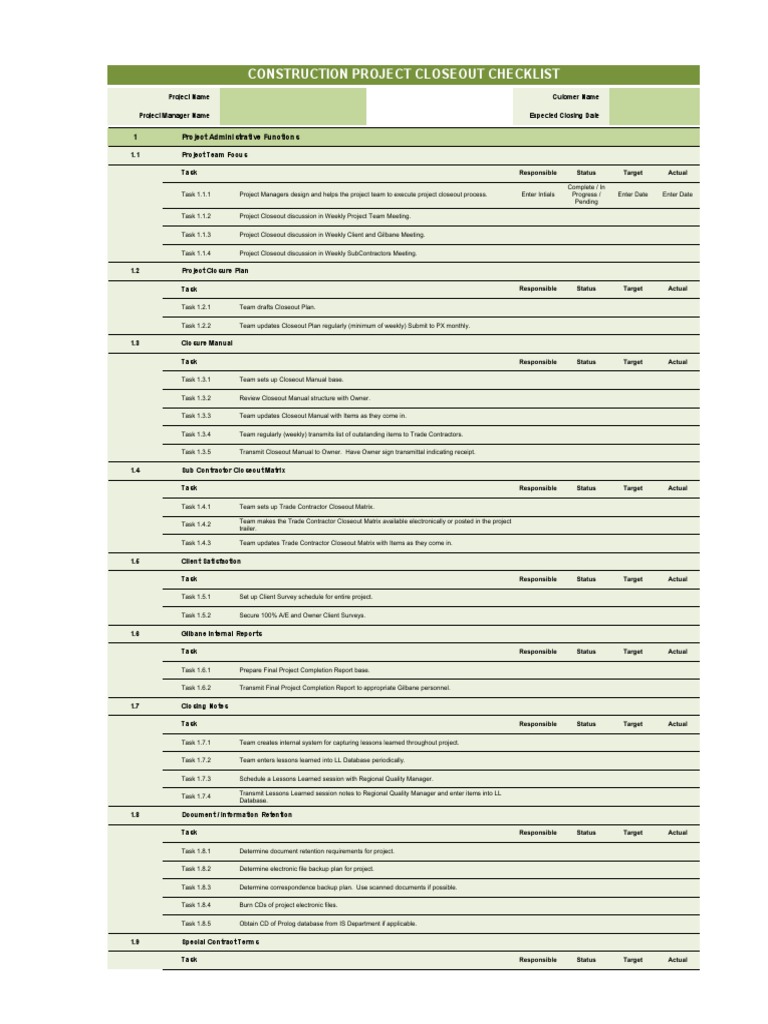 Project Closeout Checklist Template | PDF | Specification (Technical ...