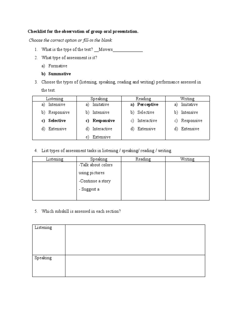 Checklist For The Observation of Group Oral Presentation | PDF