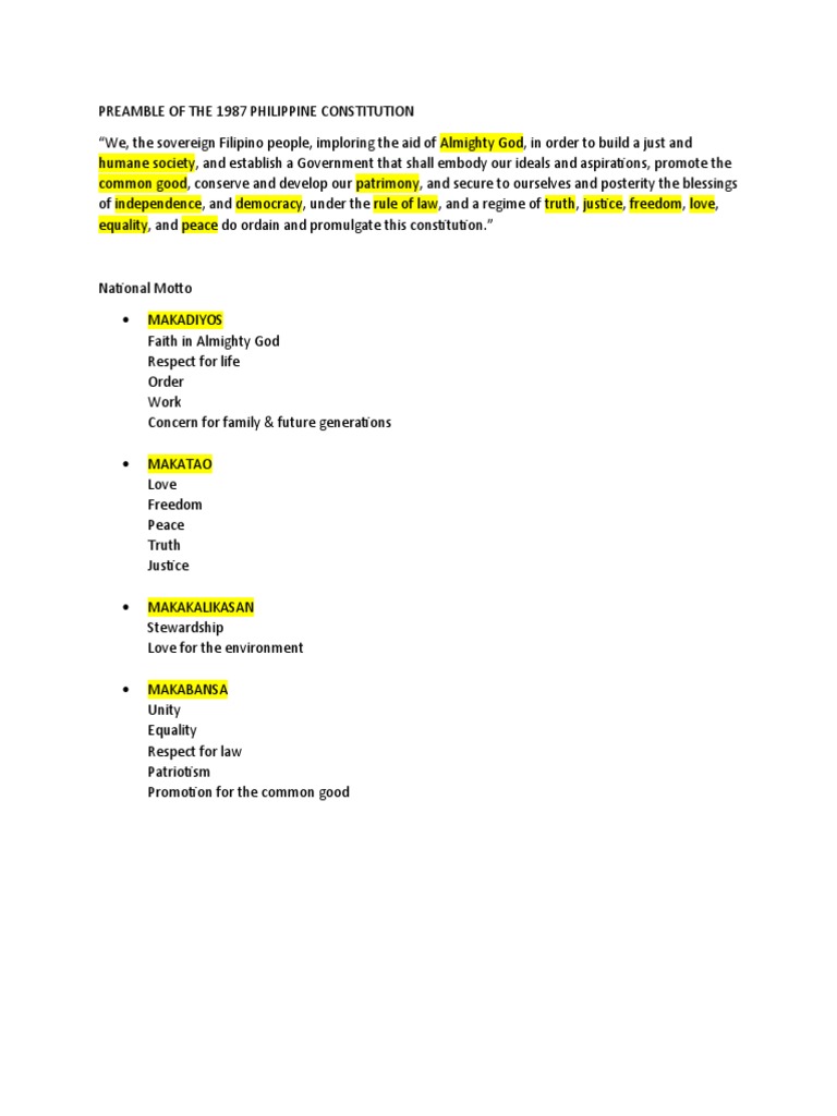 Preamble of The 1987 Philippine Constitution | PDF