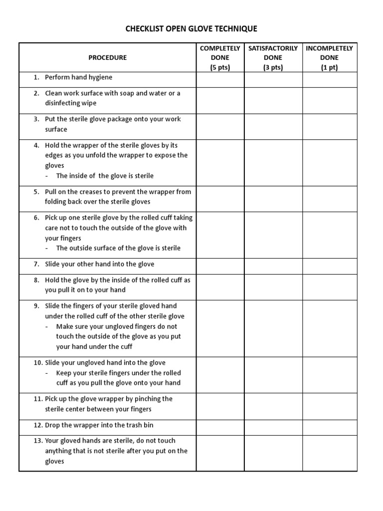 Checklist Open Glove Technique 1 | PDF