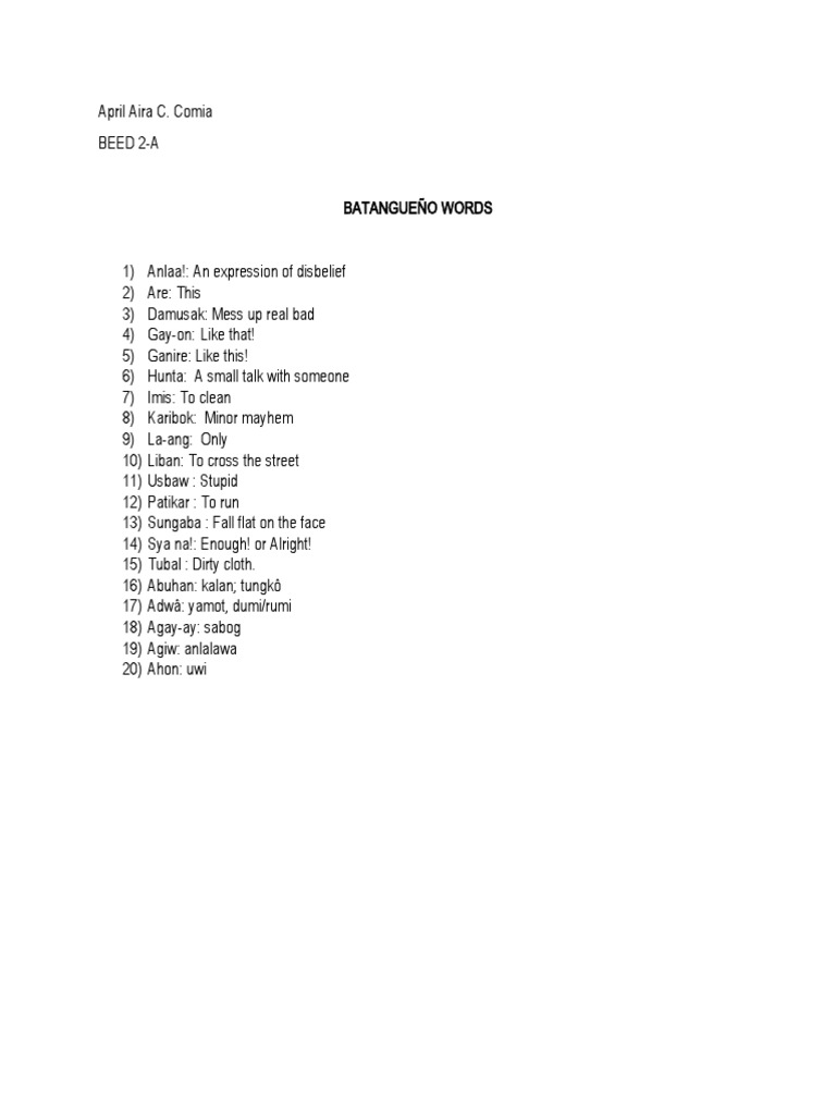 Batangueno Words 1 | PDF | Language Arts & Discipline | Art