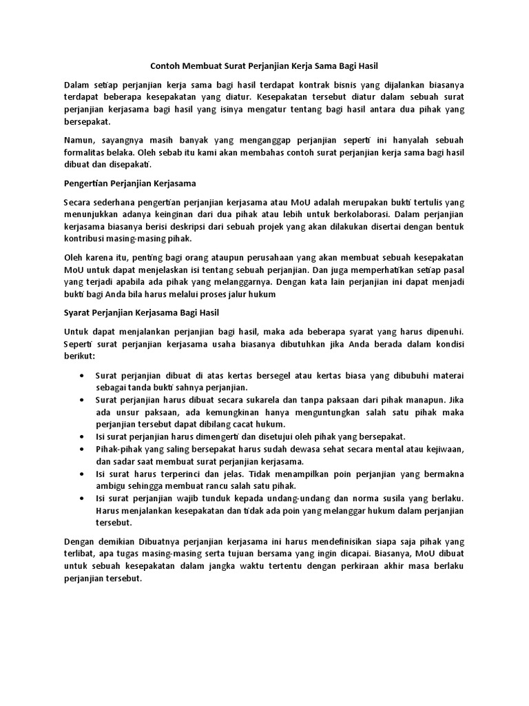 Contoh Membuat Surat Perjanjian Kerja Sama Bagi Hasil | PDF | Pengelolaan Keuangan & Uang