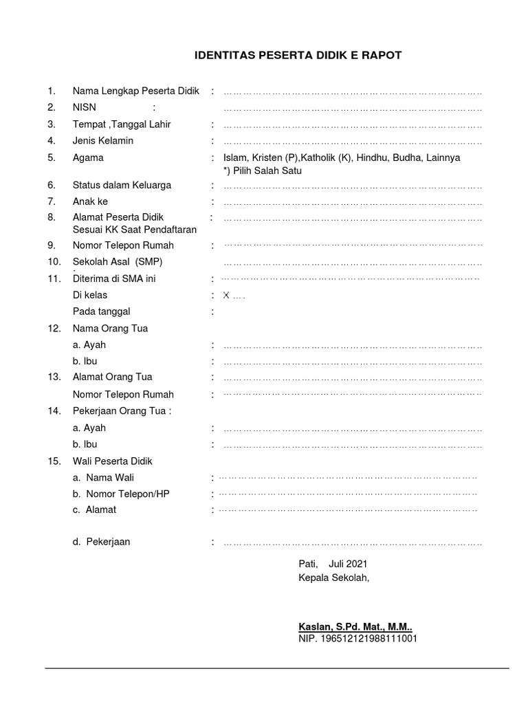 Identitas Peserta Didik e Rapot | PDF