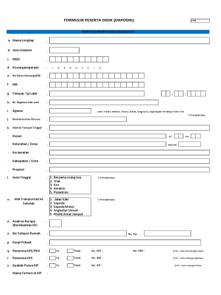 Formulir Isian Dapodik Siswa Sma N 1 Pati 2021 - 2022 | PDF