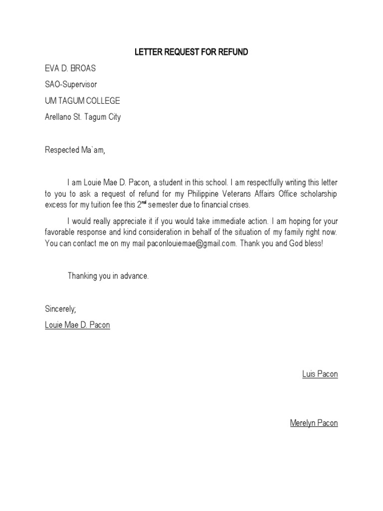 Letter Request For Refund | PDF