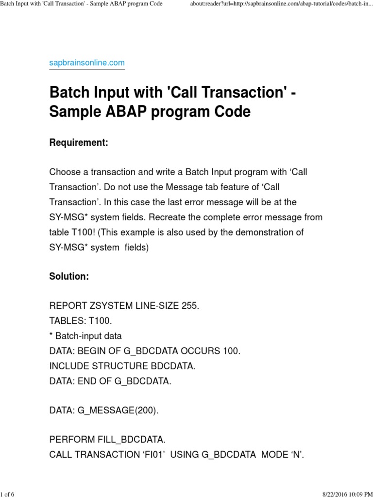 Batch Input With 'Call Transaction' - Sample ABAP Program Code | PDF | Computer Engineering ...