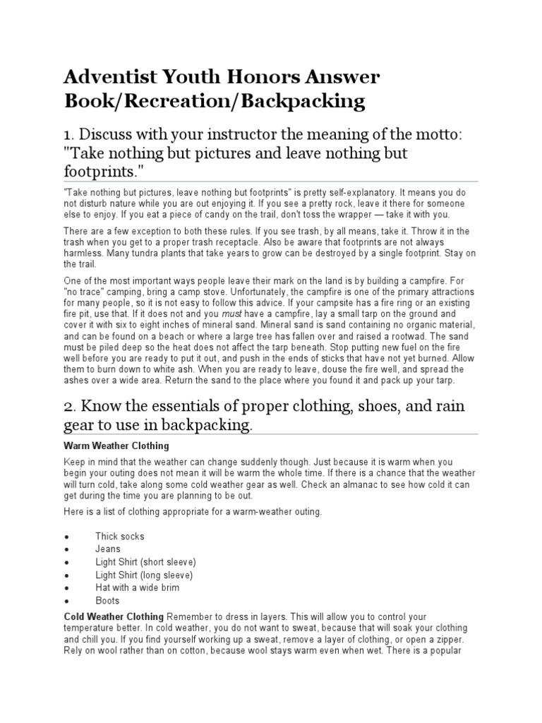 Adventist Youth Honors Answer Book/Recreation/Backpacking | PDF ...