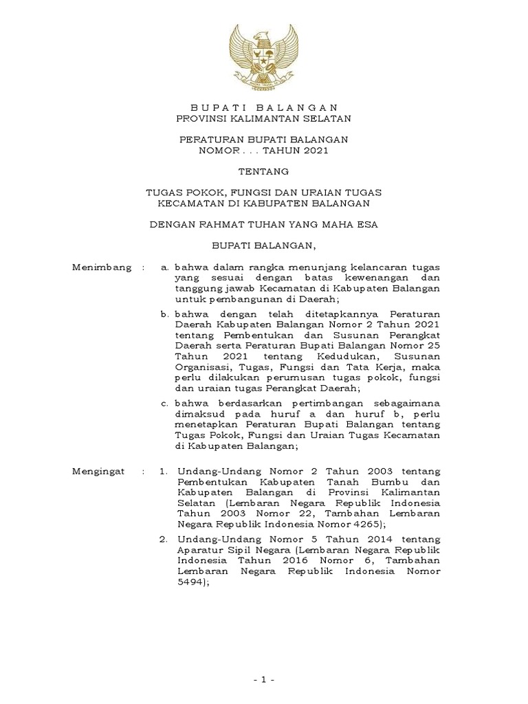 Perbup No. - . - Tahun 2021 TTG Tupoksi Kecamatan | PDF